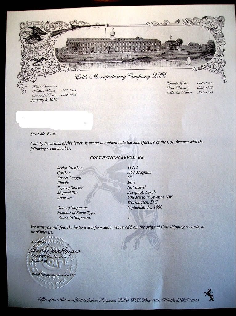 1960 Python - Colt Archive Letter - Received | Colt Forum